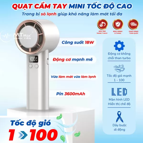 Quạt Turbo Mini 100 Cấp Độ Cầm Tay – Màn Hình LED, Pin Khủng, Gió Mạnh ...