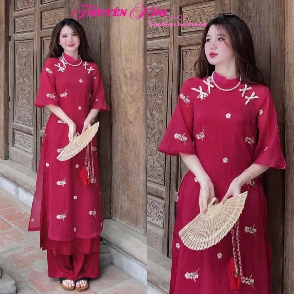 Áo dài cách tân nữ Tết, chất tơ in tay lỡ đỏ nơ và quần dài lụa mango ...